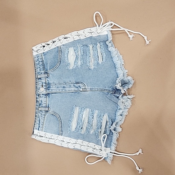 Shorts | Jean Short Denim Short Ripped Lace Up And Raw Hem | Poshmark